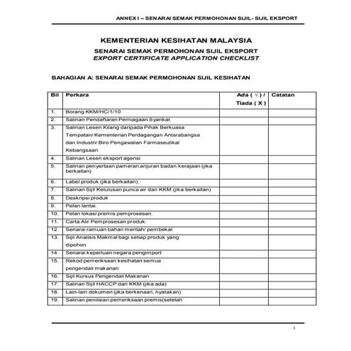Malaysia Food Export Certificate Application Checklist | PDF