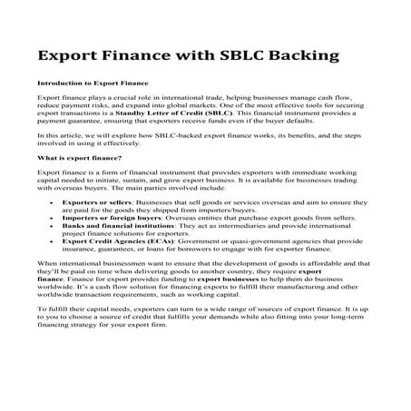 Export Finance with SBLC Backing . | PDF