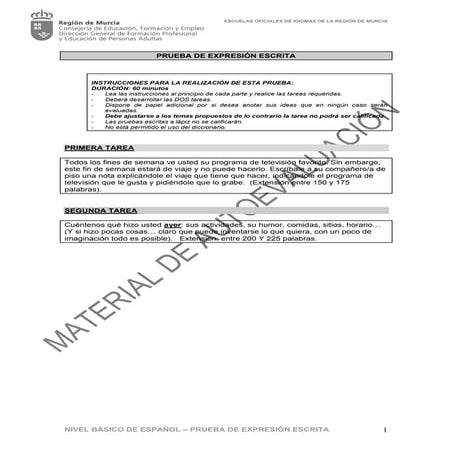 Expresión escrita. Certificación Nivel Intermedio B1 Español EOI Murcia ...