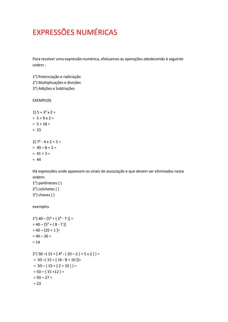 Exercicios expressões numéricas | PDF