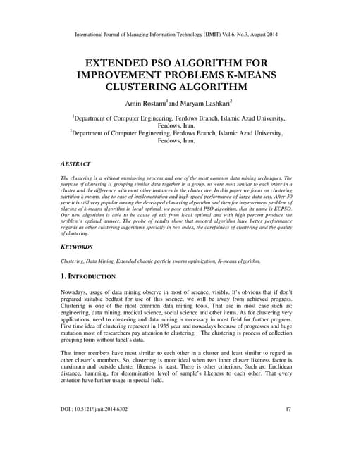 Extended Pso Algorithm For Improvement Problems K Means Clustering Algorithm Pdf