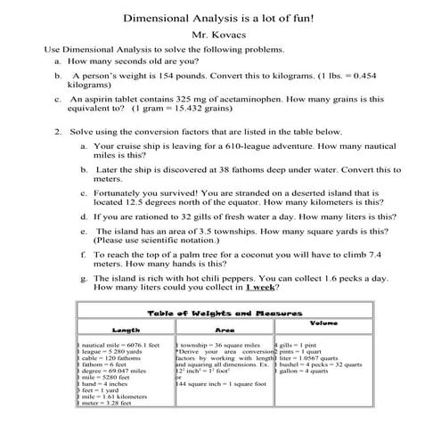 Dimensional Analysis Worksheet Dimensional Analysis Pt. 1