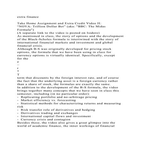 extra financeTake Home Assignment and Extra Credit Video IIN.docx