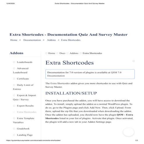 Extra shortcodes documentation quiz and survey master | PDF