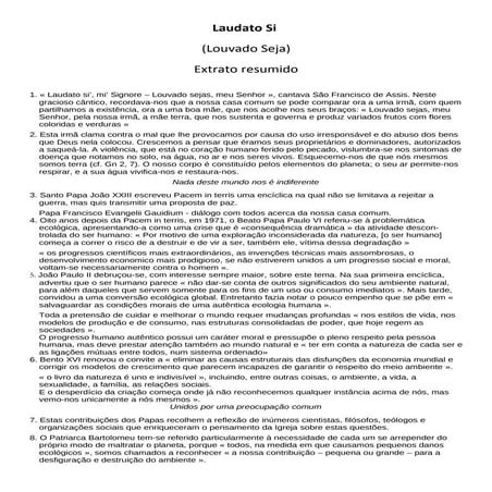 Extrato resumo da enciclica Laudato Si do Papa Francisco | DOC | Christianity | Religion ...