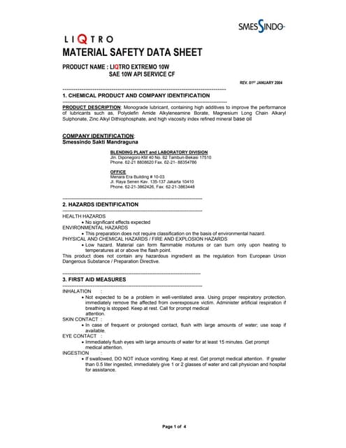 Extremo CH4-SJ SAE 15W-40 (Material Safety Data Sheet) | PDF | First ...