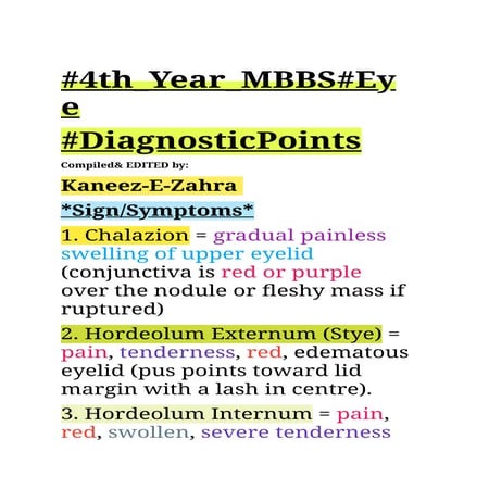 EYE DIAGNOSTIC POINTS FOR MBBS EXAMS EASY | PDF