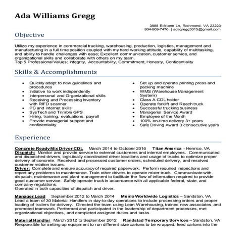 Ada Gregg Resume Dec 2016 | DOCX | Logistics | Business