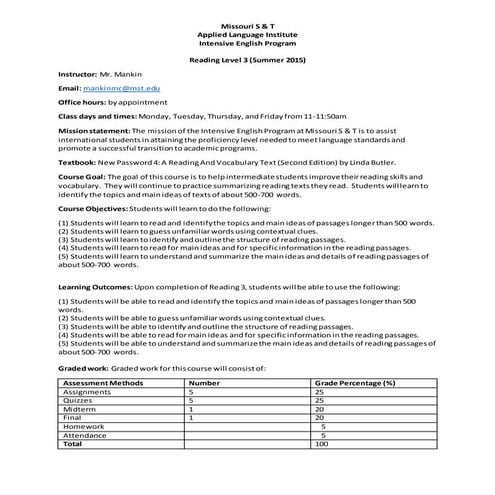 Reading Level 3 Summer 2015 | DOCX