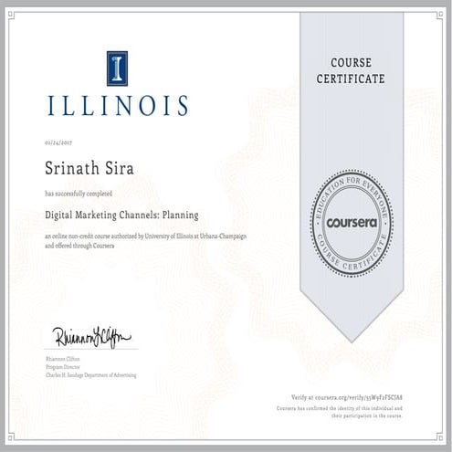 Coursera Certificate Digital Marketing channels Planning | PDF