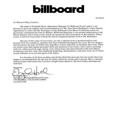 Billboard Recommendation Letter | PDF | Advertising Industry | Industries