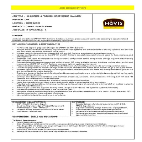 HR Systems & Process Improvement Manager - Job Description - Hovis ...