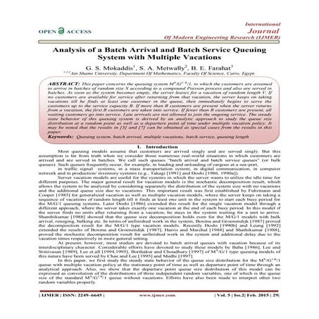Analysis of a Batch Arrival and Batch Service Queuing System with Multiple Vacations | PDF
