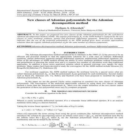 New Classes Of Adomian Polynomials For The Adomian Decomposition Method Pdf