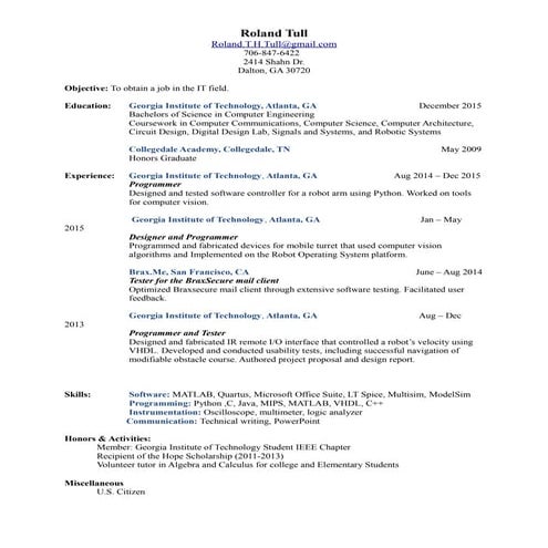 Job Resume | ODT | Robotics | Technology & Computing