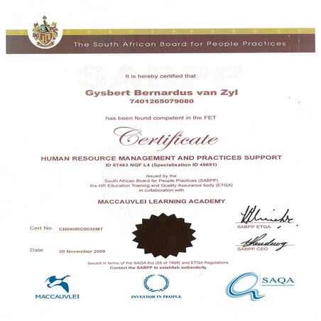 Certificate - Human Resource Management and Practices Support | PDF
