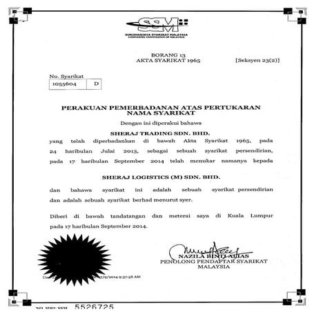 FORM 13 - SHERAJ LOGISTICS (M) SDN BHD (1) | PDF