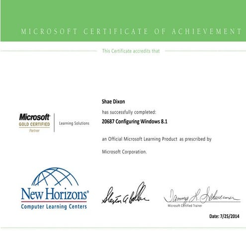 Shae Dixon Windows 8.1 Administration NH Certificate of Achievement | PPT