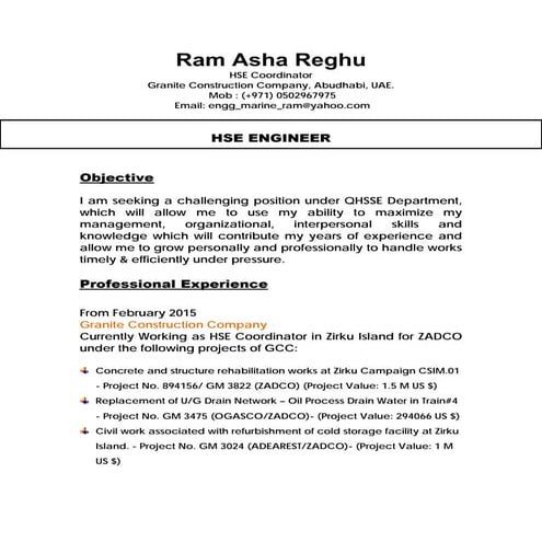 A R Ram CV 2016_04 QHSSE Rev00 | PDF