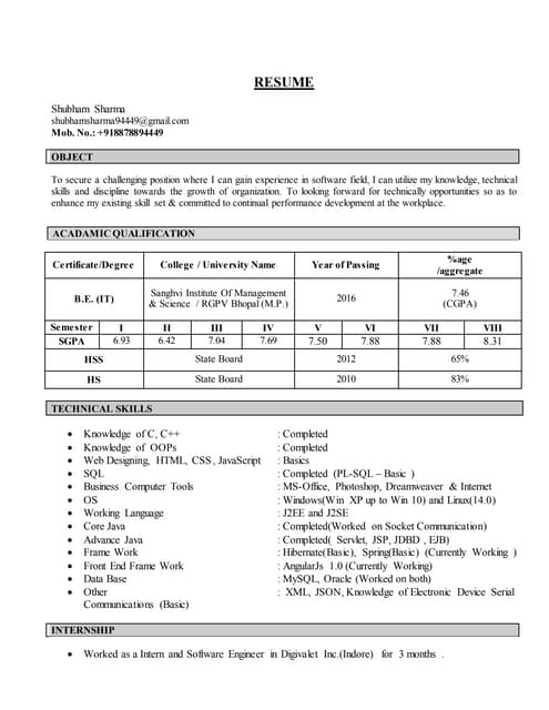 Shubham Resume | DOC | Web Development | Internet