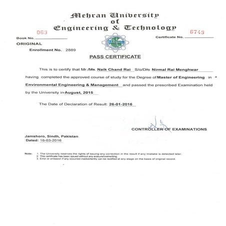 M.E Pass Certificate | PDF