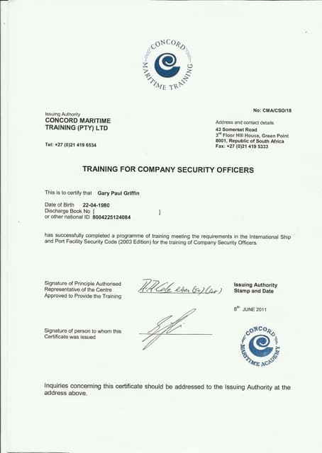 Grail SSO CSO Certificate Gary Griffin | PDF