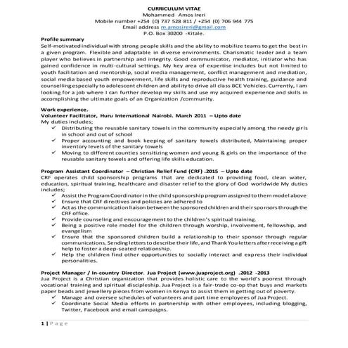 Kevin Kinusu Kinyangi Short Proffesional CV 2016 | PDF