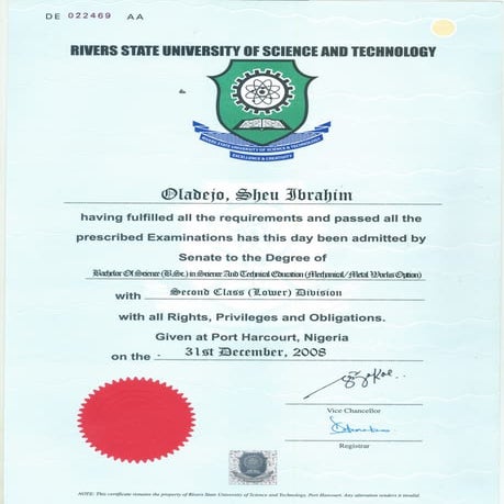 Cert for Rivers State Univer of Sci and Tech0001 | PDF