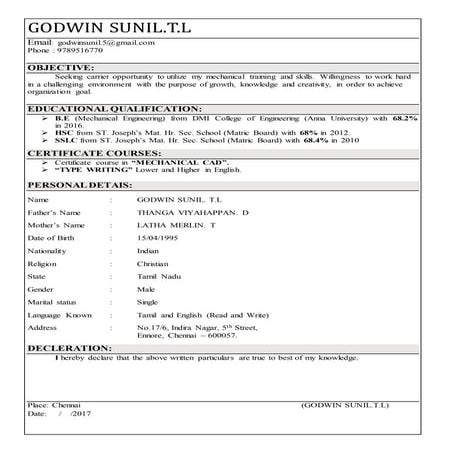 GODWIN SUNIL BIO DATA | PDF