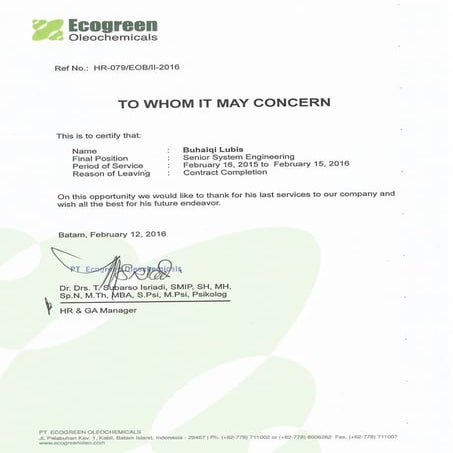 Ecogreen - Pengalaman Kerja | PDF