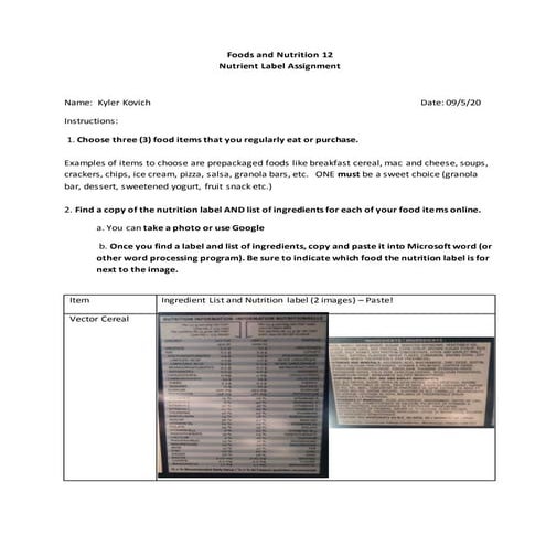 Nutrition Label Assignment - Example | PDF