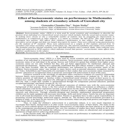 Effect of Socioeconomic status on performance in Mathematics among students of secondary schools ...