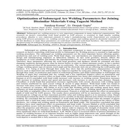 Optimization Of Submerged Arc Welding Parameters For Joining Dissimilar Materials Using Taguchi