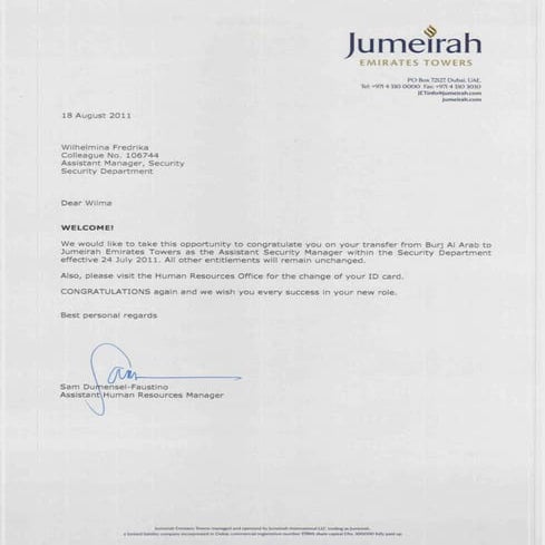Letter of Emirates Towers Hotel | PDF