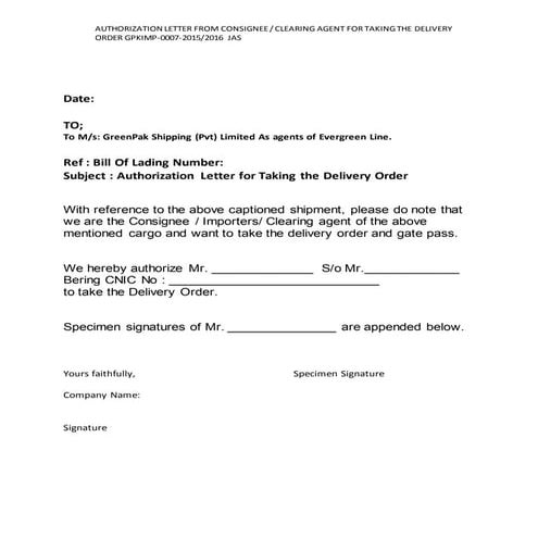 7...AUTHORIZATION LETTER FROM CONSIGNEE CLEARING AGENT FOR TAKING THE ...