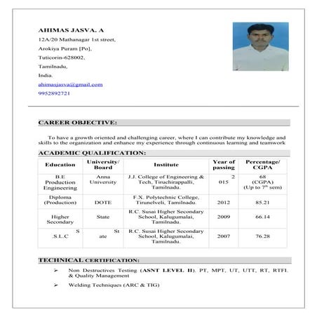 RESUME of vinoth | PDF