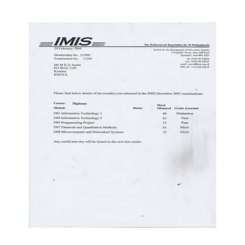 IMIS Diploma Results Slip | DOCX