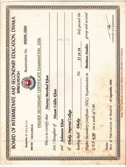 HSC CERTIFICATE | PDF