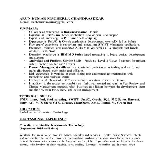 Arun Kumar M Chandrasekar Resume | DOCX