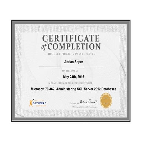 Certificate-of-Completion - Microsoft 70-462 Administering SQL Server 2012 Databases | PDF