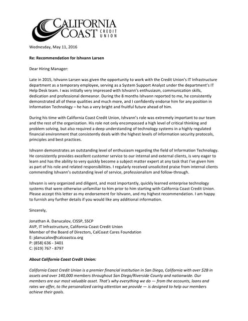 Ishvann Larsen - Letter of recommendation (San Diego State University ...