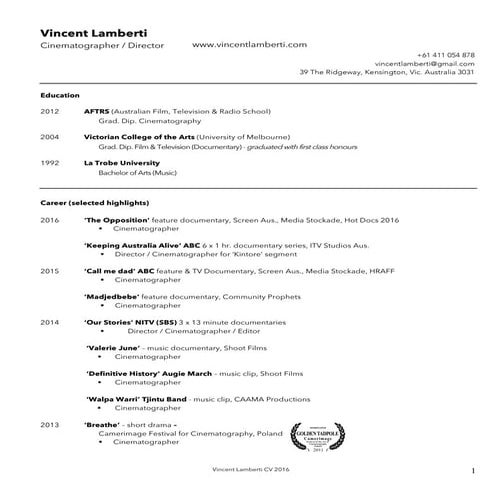 Vincent Lamberti Director Cinematographer CV 2016 | PDF