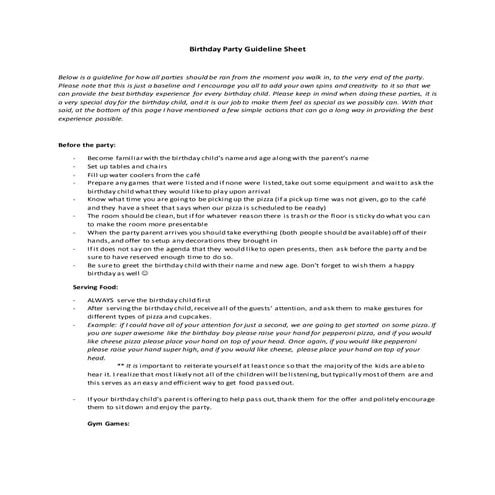 Birthday Party Guideline Sheet | DOCX