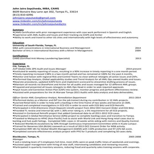 John Sepulveda, MBA, CAMS Resume | PDF | Business Administration | Business