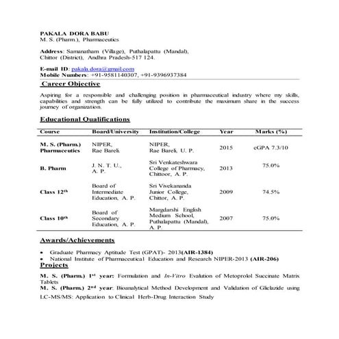 pakala Dora Babu Resume | DOCX