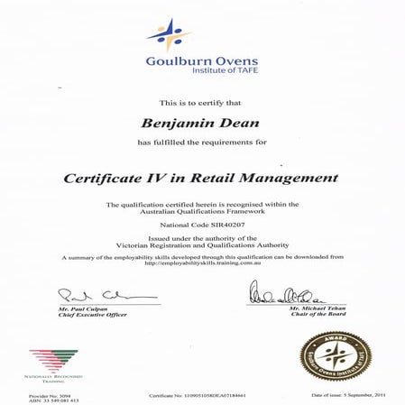 Certificate Retail Management Ben Dean | PDF