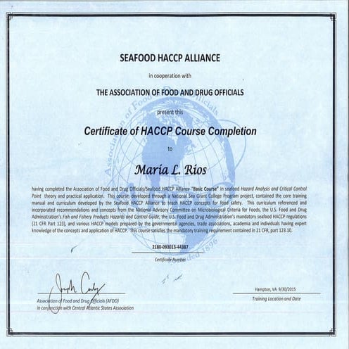 HACCP Certificate - English | PDF
