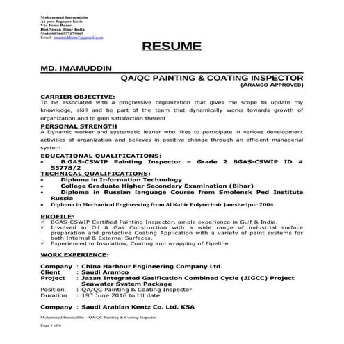 QA_QC PAINTING & COATING INSPECTOR - MOHAMMED IMAMUDDIN | DOC