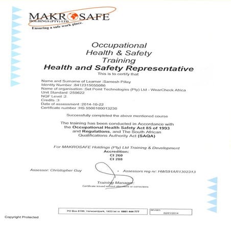 Samesh Pillay Markosafe H&S rep certificate | PDF