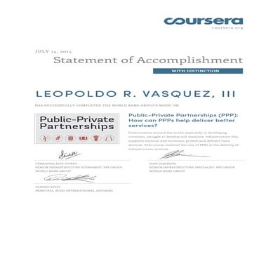 Statement of Accomplishment Coursera PPP MOOC 2015 - L Vasquez | PDF